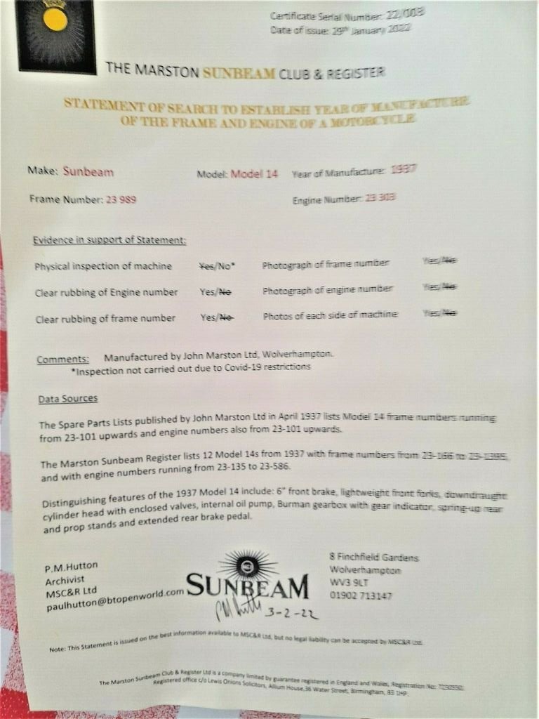 1937 Sunbeam Model 14. 250cc OHV Single. Unrestored Barn Find. Good Runner